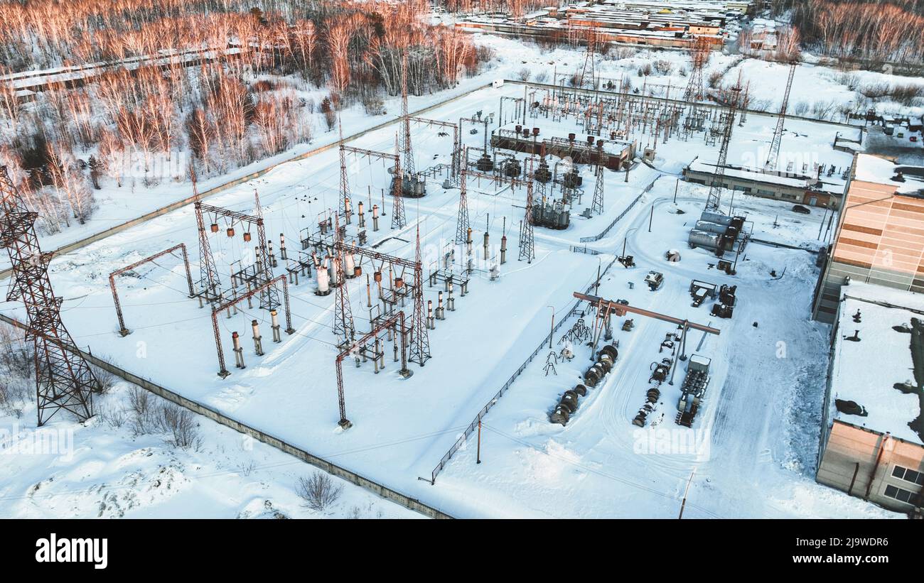 Electrical substation in snow winter. Aerial view Stock Photo - Alamy