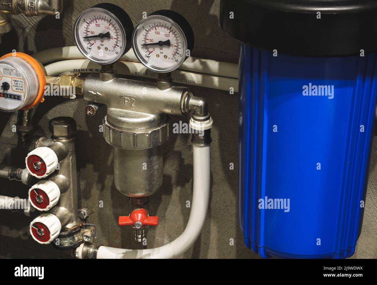 Home water filtration plant close-up. View through the open hatch Stock ...