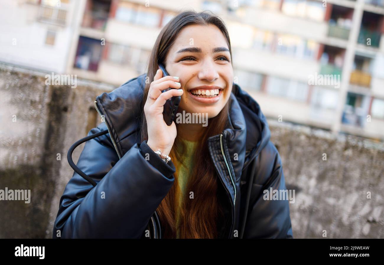 Smiling standing communication face to face close up hi-res stock ...