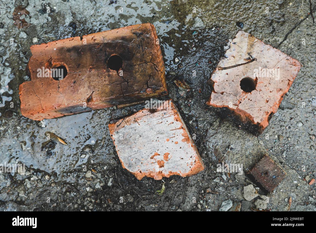 Old broken bricks at the construction site - top view. Industrial ...