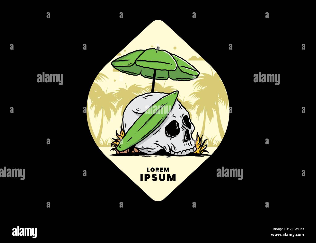 illustration design of skull with surfing board under beach umbrella ...