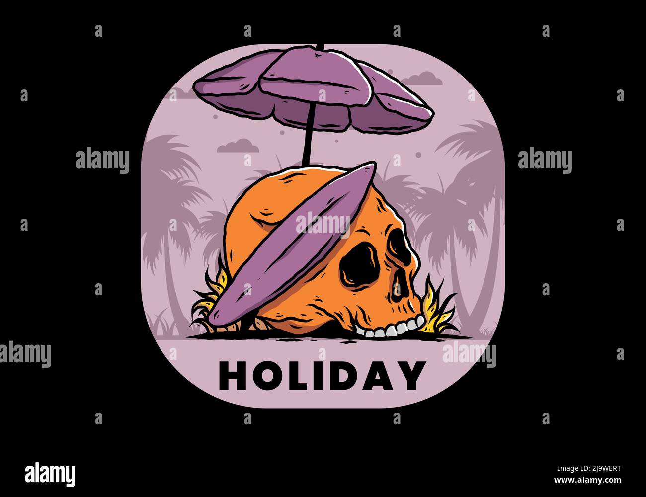 illustration design of skull with surfing board under beach umbrella ...
