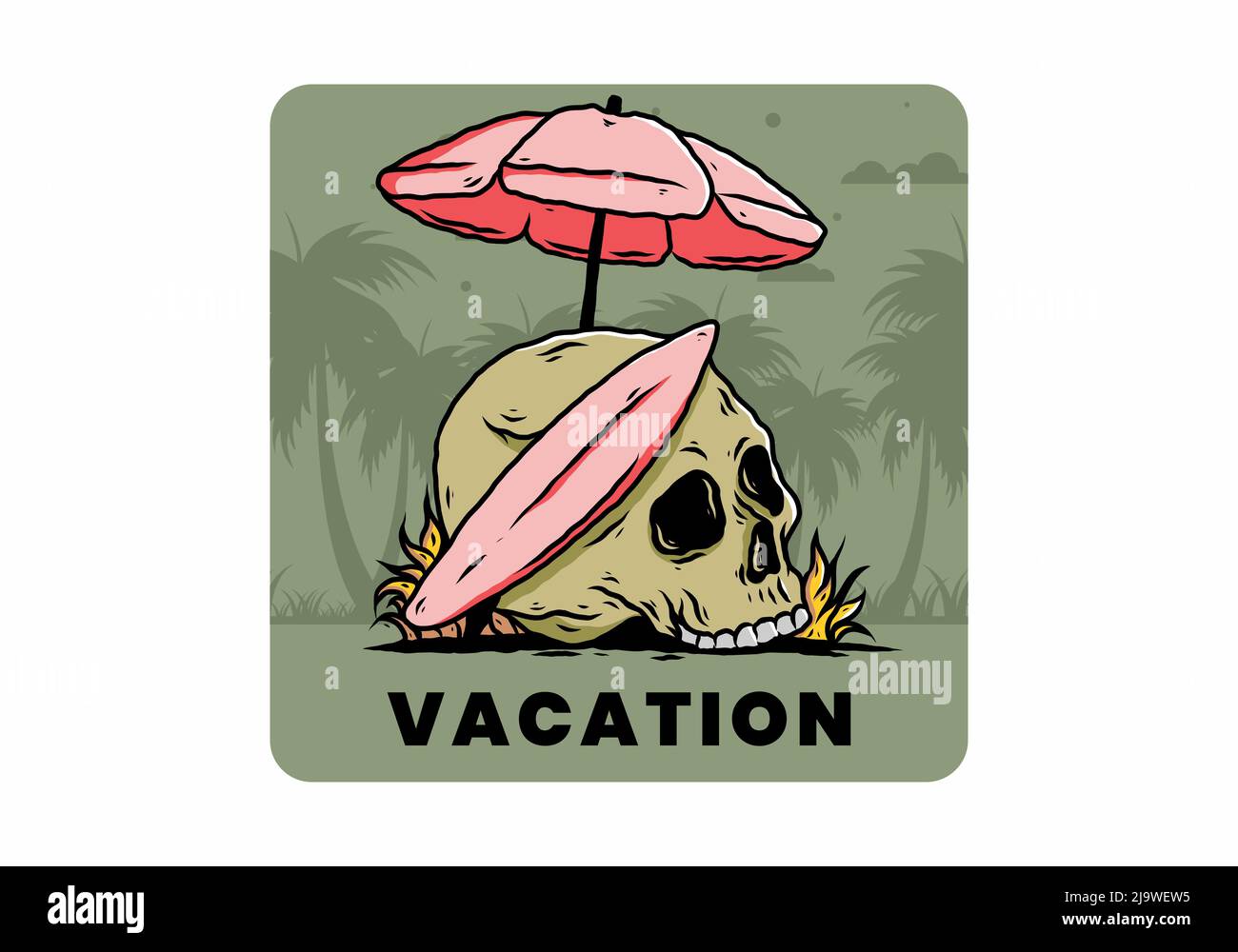 illustration design of skull with surfing board under beach umbrella ...