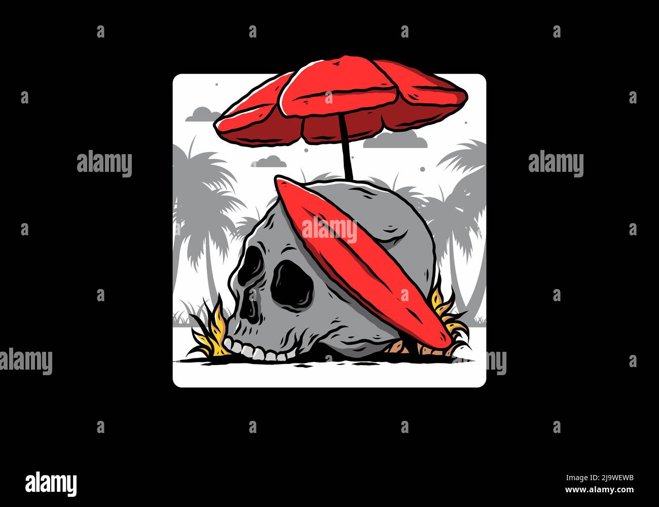 illustration design of skull with surfing board under beach umbrella ...