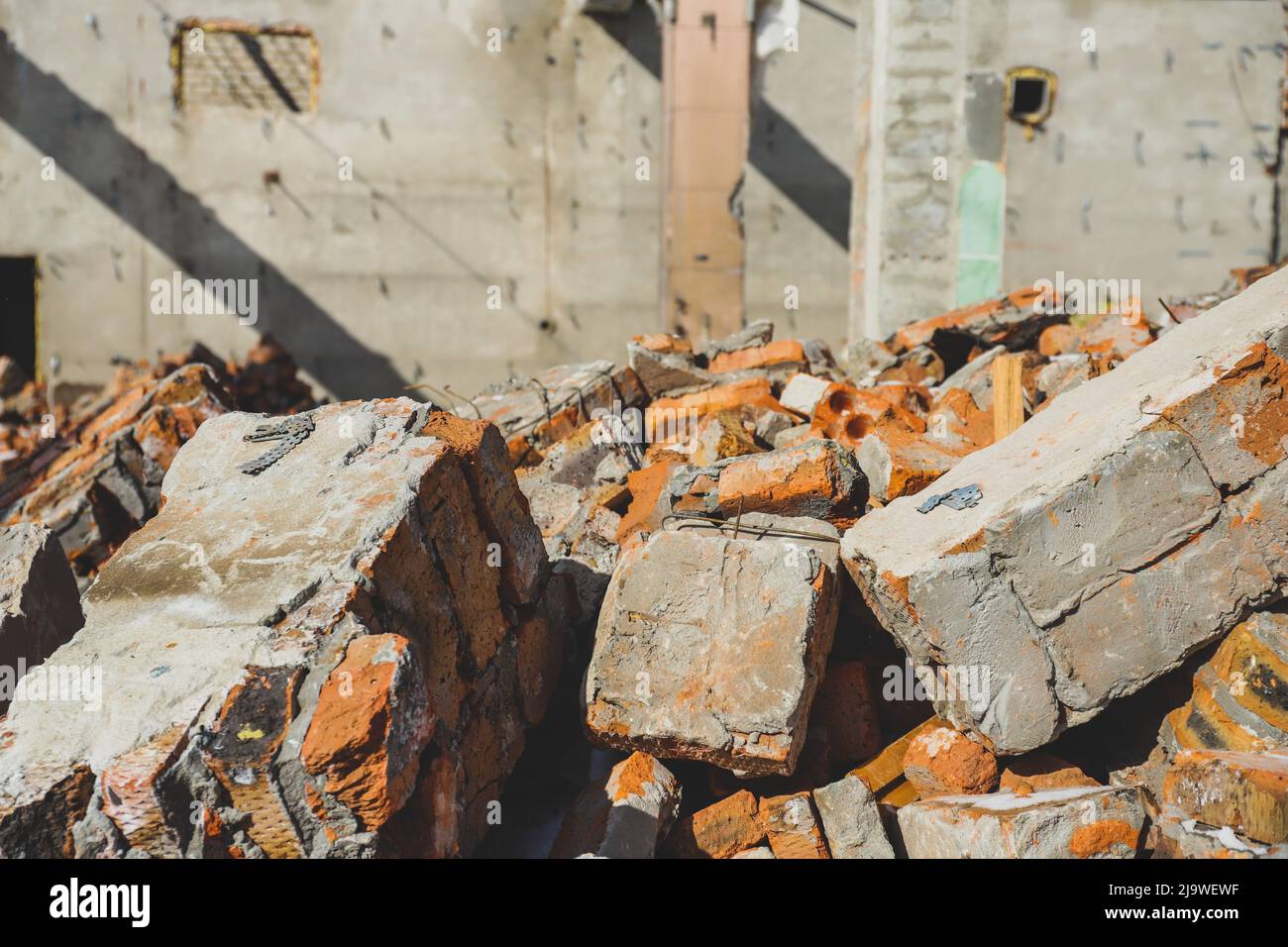 Demolition of an old building. Fragments of brick. Industrial ...