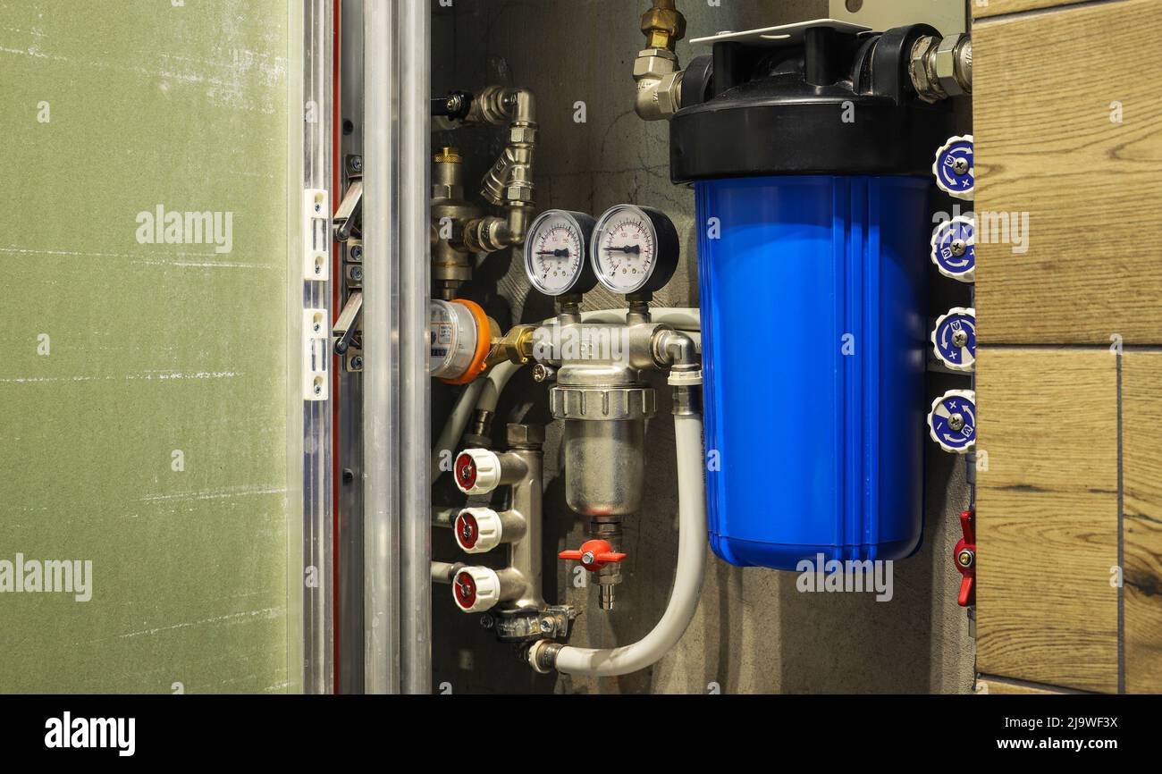 Home water filtration plant close-up. View through the open hatch Stock ...