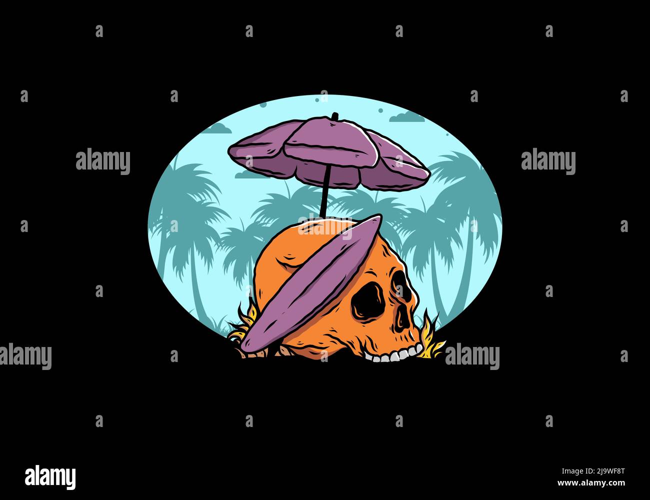illustration design of skull with surfing board under beach umbrella ...
