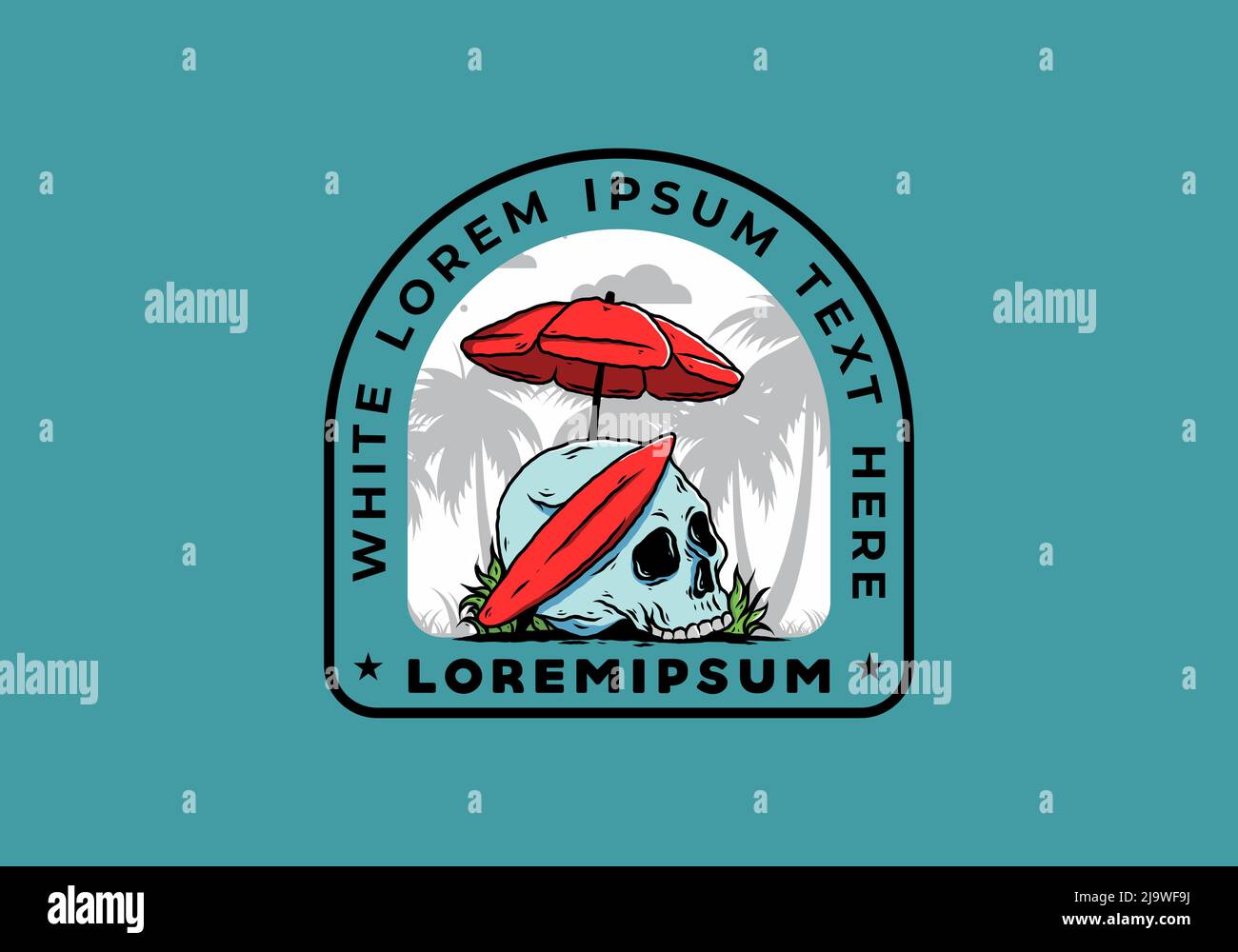 illustration design of skull with surfing board under beach umbrella ...