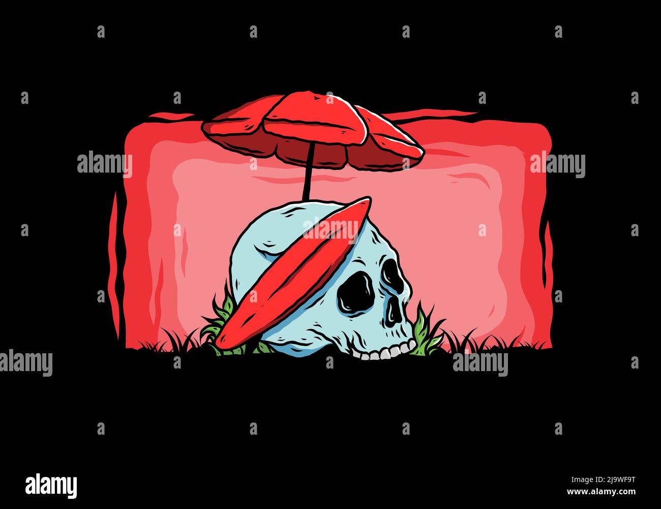 illustration design of skull with surfing board under beach umbrella ...