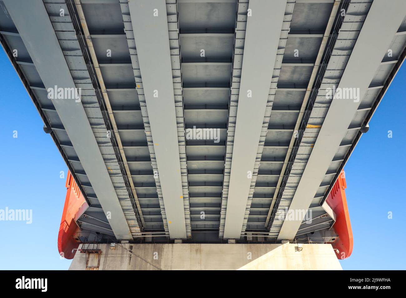 Road bridge span close-up - bottom view. Engineering and architecture ...