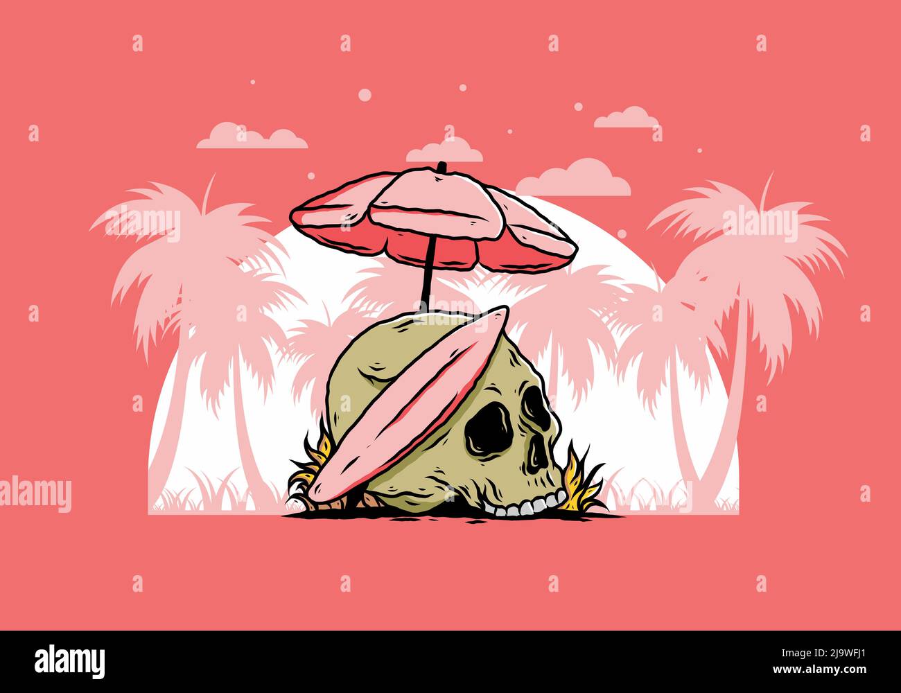 illustration design of skull with surfing board under beach umbrella ...