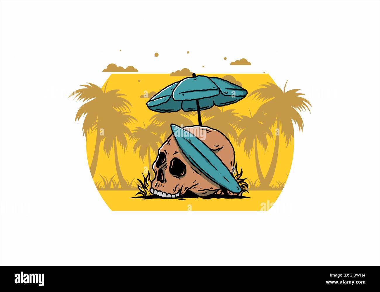 illustration design of skull with surfing board under beach umbrella ...