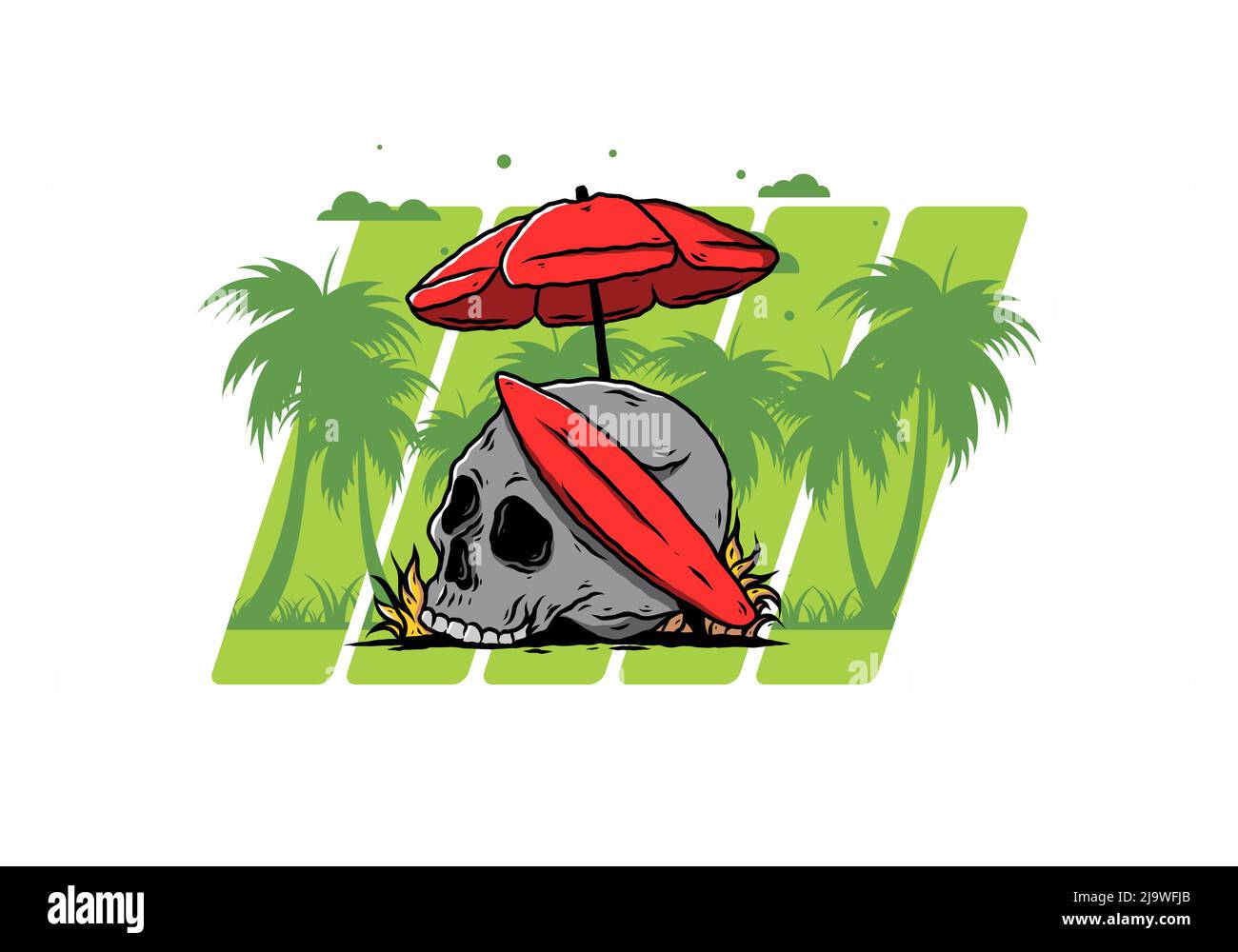 illustration design of skull with surfing board under beach umbrella ...