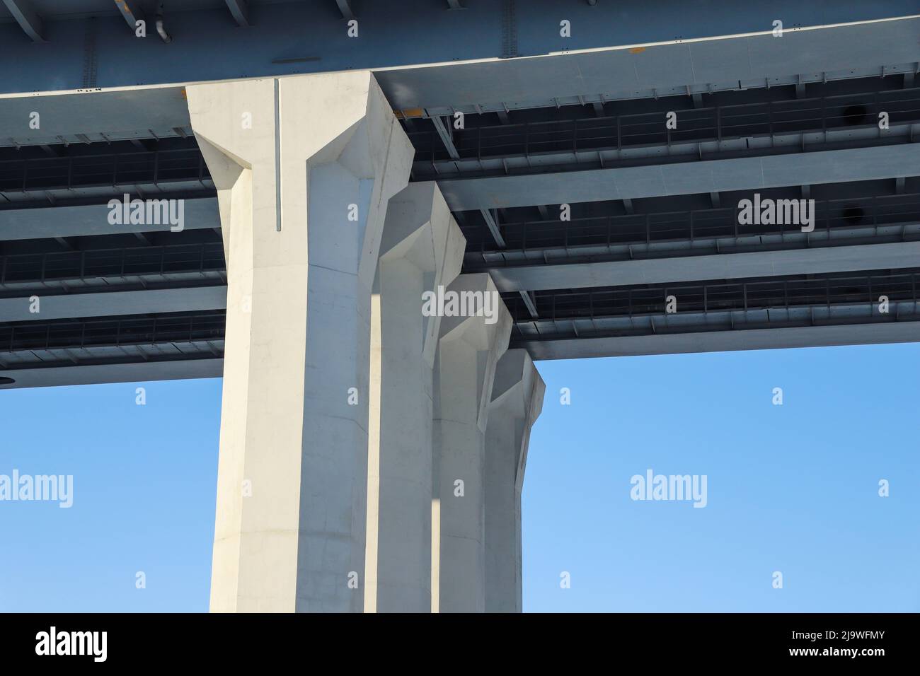 Four road bridge supports close-up. Engineering and architecture ...