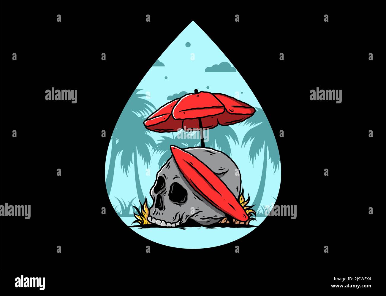 illustration design of skull with surfing board under beach umbrella ...