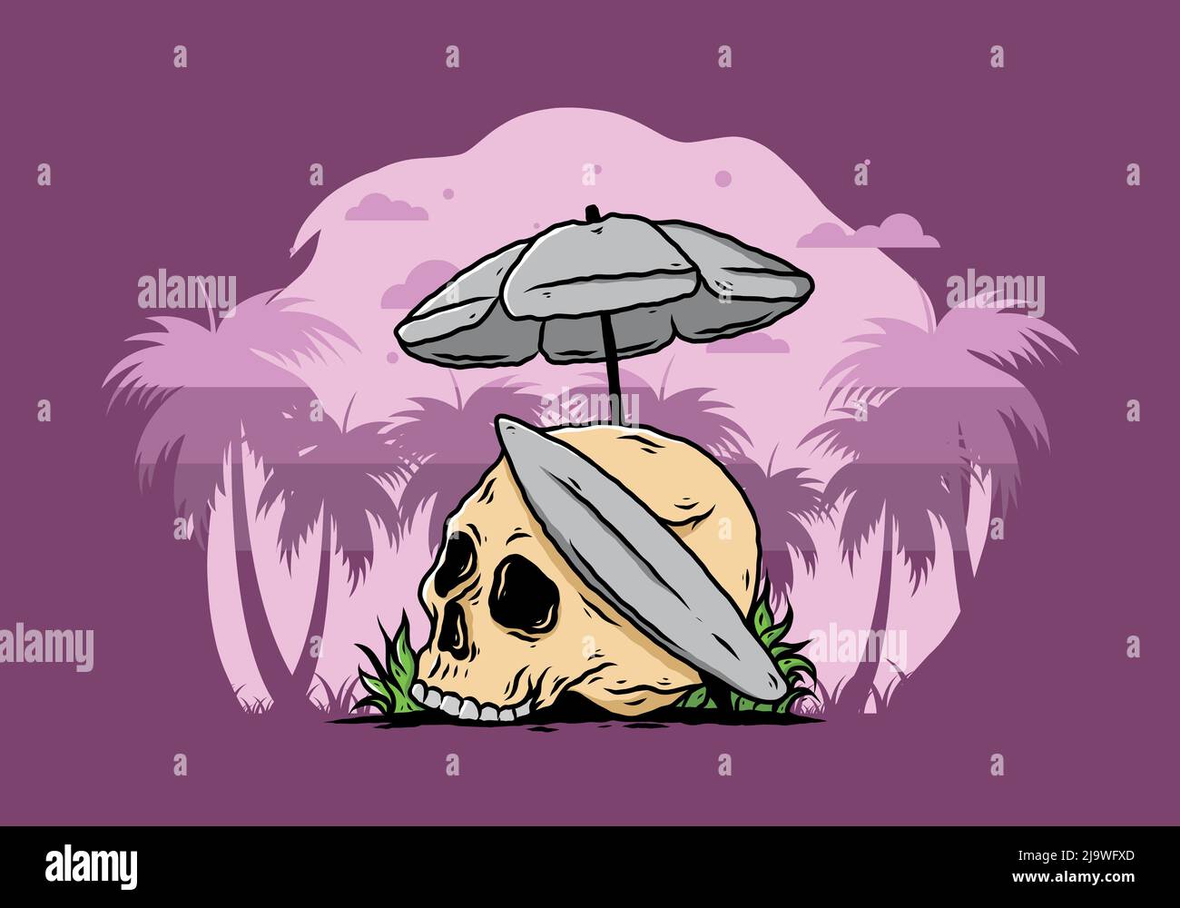 illustration design of skull with surfing board under beach umbrella ...