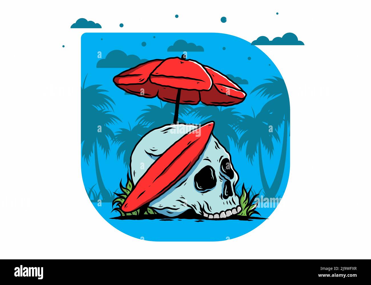 illustration design of skull with surfing board under beach umbrella ...