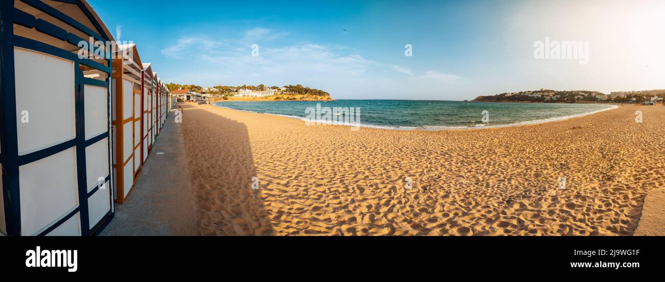 Famous beach huts in Sagaro with Playa de Sant Pol, Costa Brava. Spain. Mediterranean Sea Stock ...