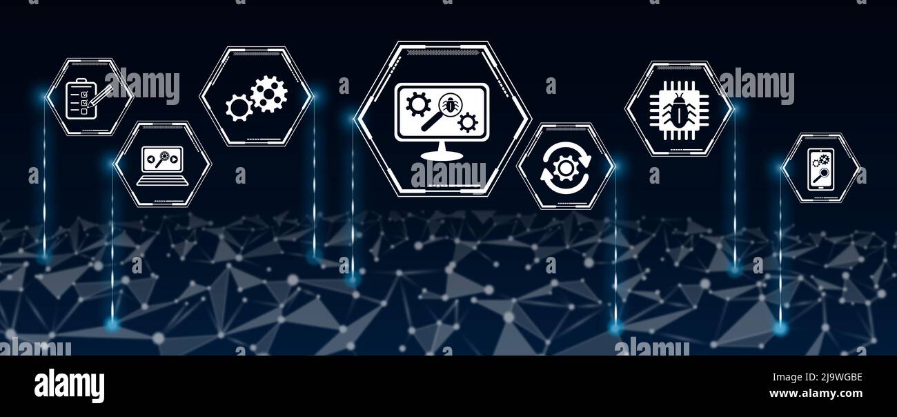 Concept of software testing with icons in hexagons connected to ...