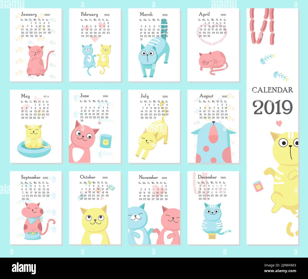 Calendar 2019 vector template with cute cats Stock Vector Image & Art ...