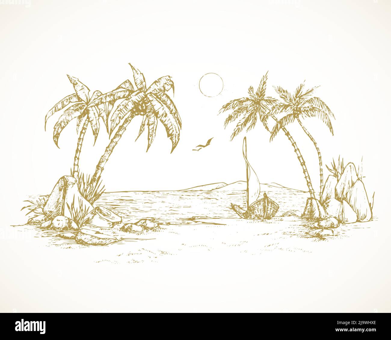 Hand Drawn Tropical Island Landscape Vector Illustration. Sea view with ...