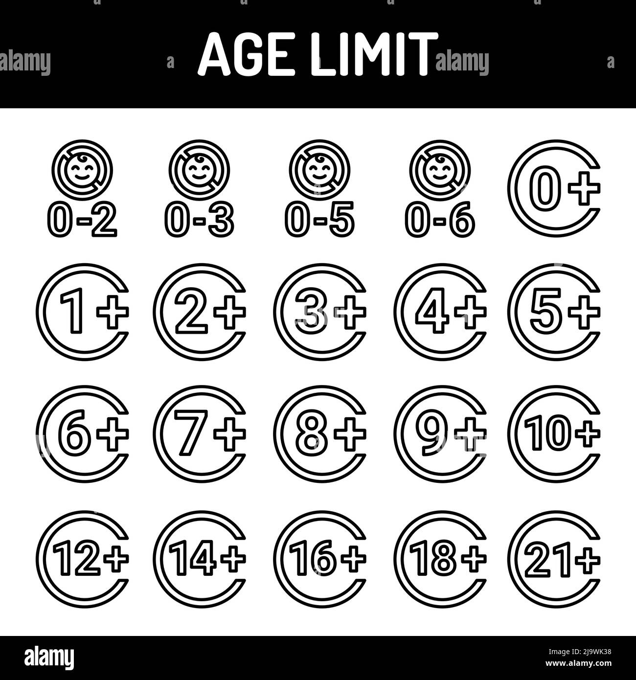 Age limit 0-21 plus line icons set. Isolated vector element. Outline ...