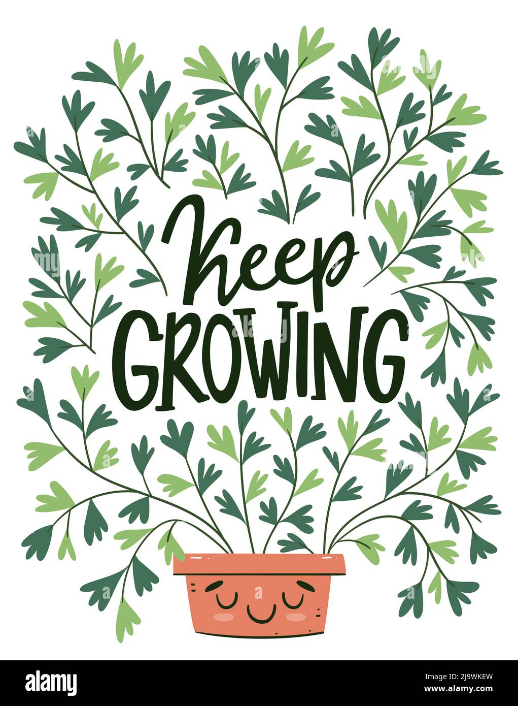 Huge plant in cartoon style with "Keep Growing" lettering inside. Smiley pot. Hand-drawn vector ...