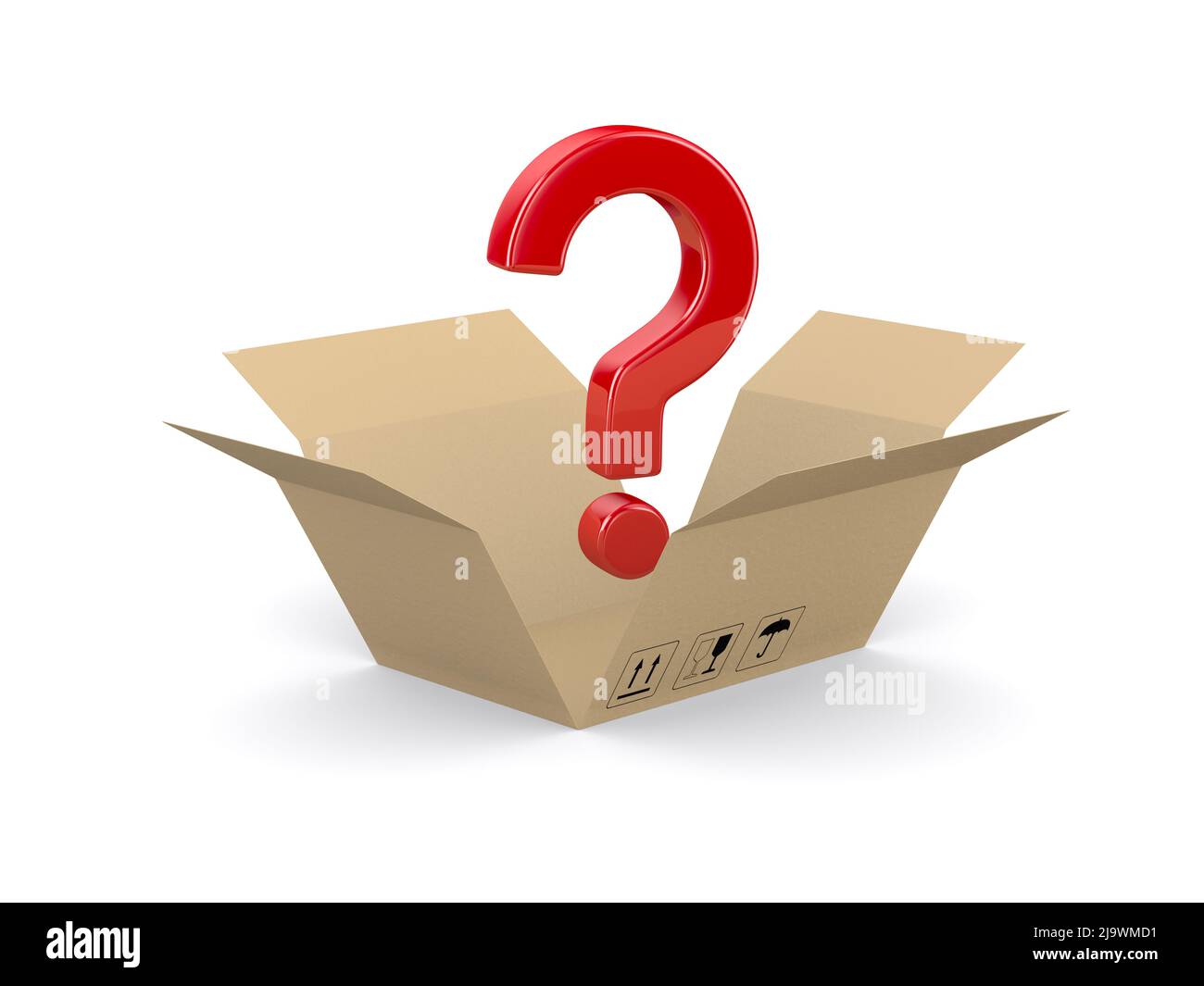 open cardboard and question box on white background. Isolated 3D ...