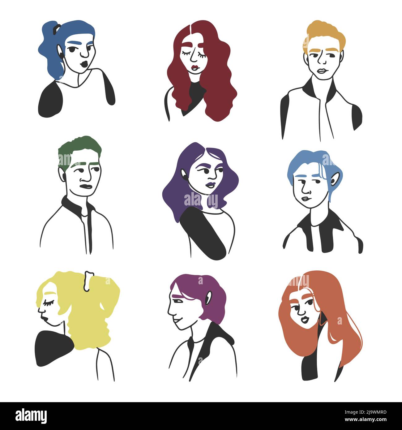 Avatars of girls and guys in doodle style. Cute characters in pastel ...