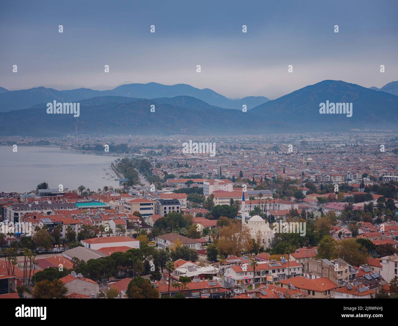 Aerial view popular tourist city of Fethiye landscape and cityscape ...