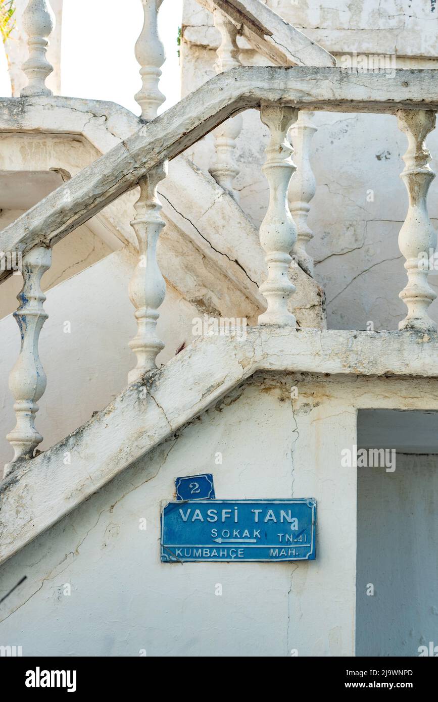 Bodrum, Turkey. 23rd Apr, 2022. Blue street sign for Vasfi Tan Sokak ...