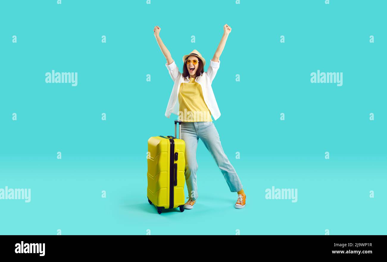 Crazy happy tourist woman enjoys open borders and now she can fly on ...