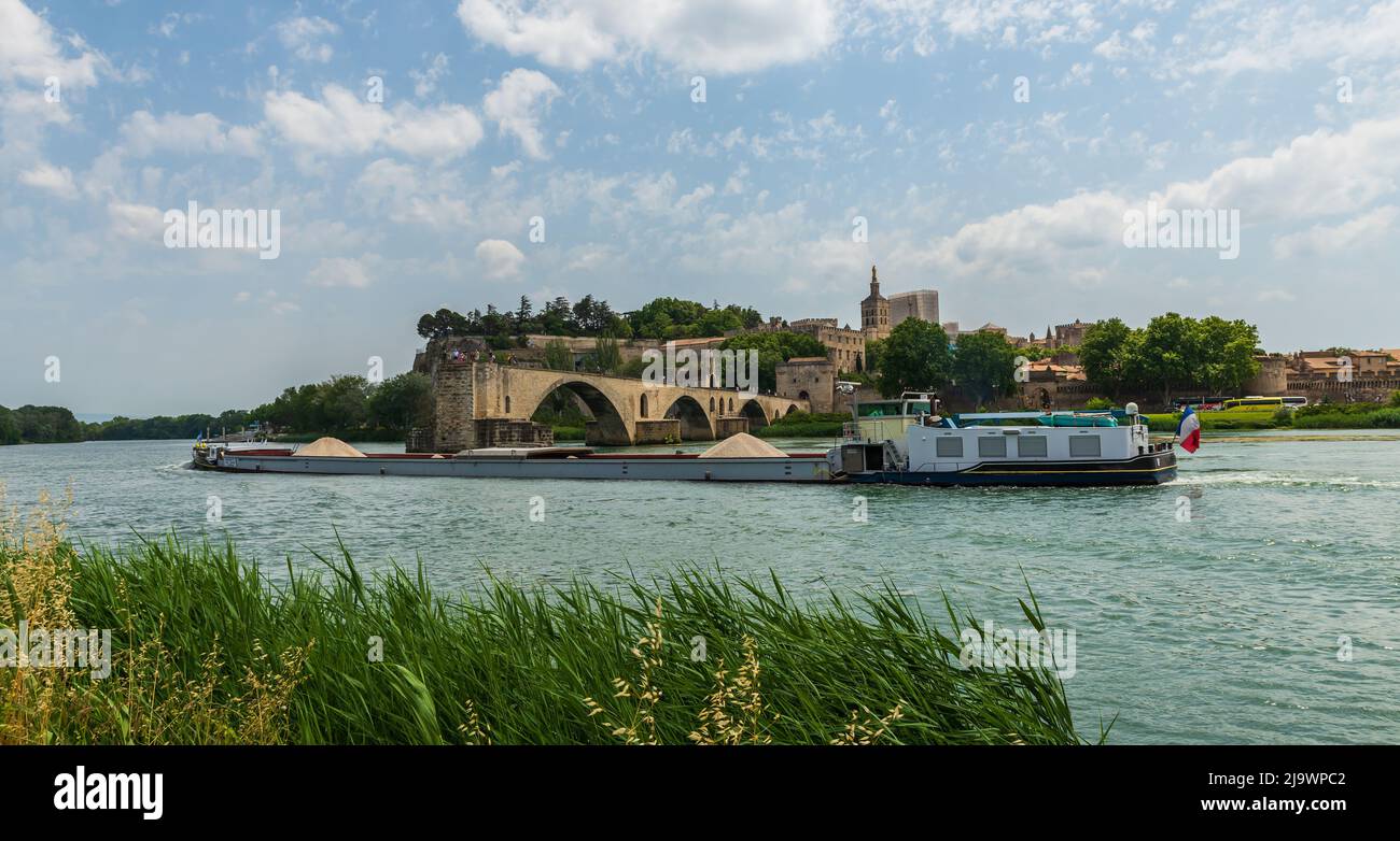 Panorama of Avignon with the Saint Benezet bridge over the Rhone river ...