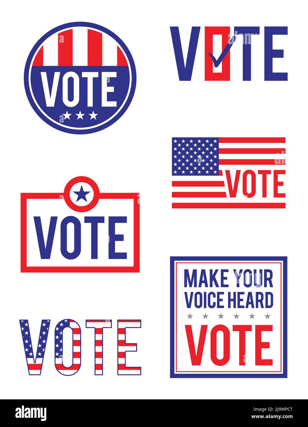A set of red, white, and blue, VOTE icons and badges for an American ...