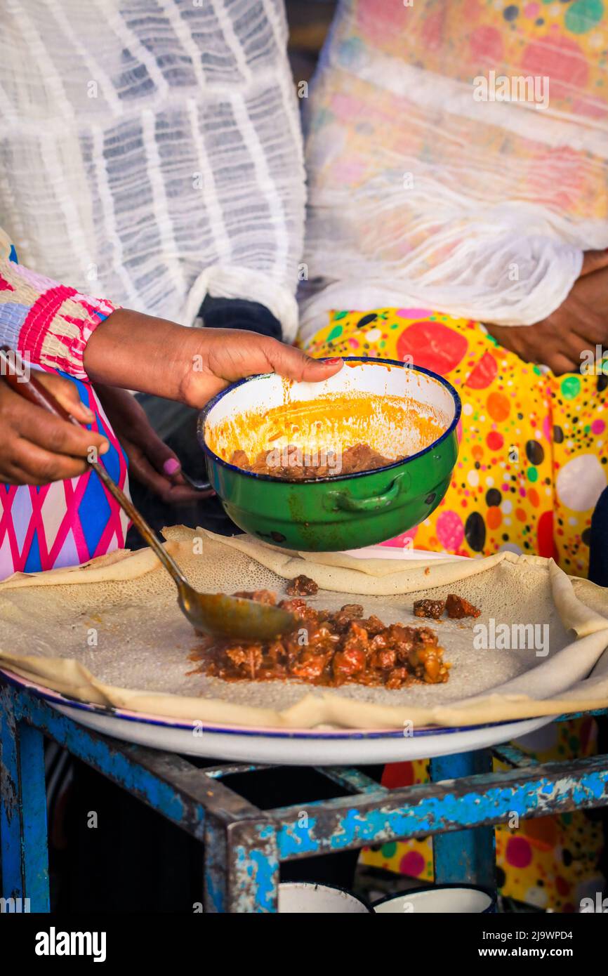 Traditional Food - Stewed Meat with Injeira in Asmara, Eritrea Stock ...