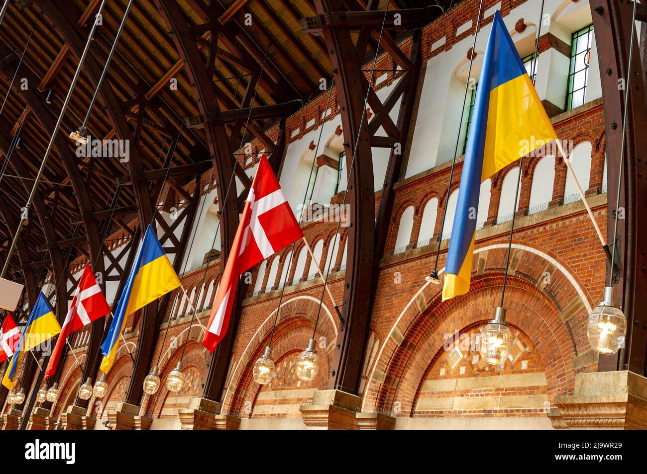 Denmark stands with Ukraine. Danish flags alongside Ukrainian flags in ...
