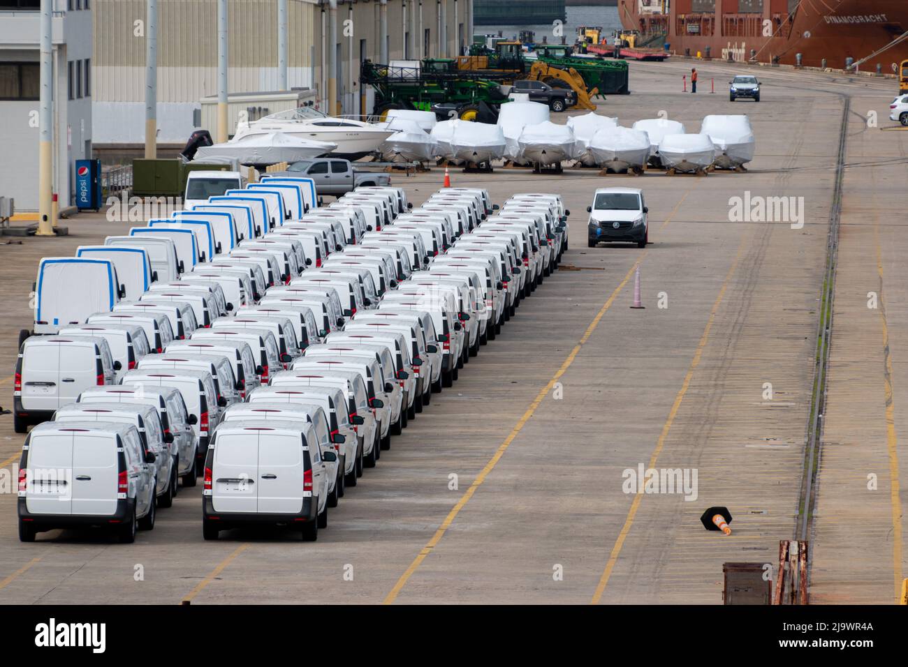 Four lines of Mercedes-Benz rolling stock vans at the Charleston Port ...