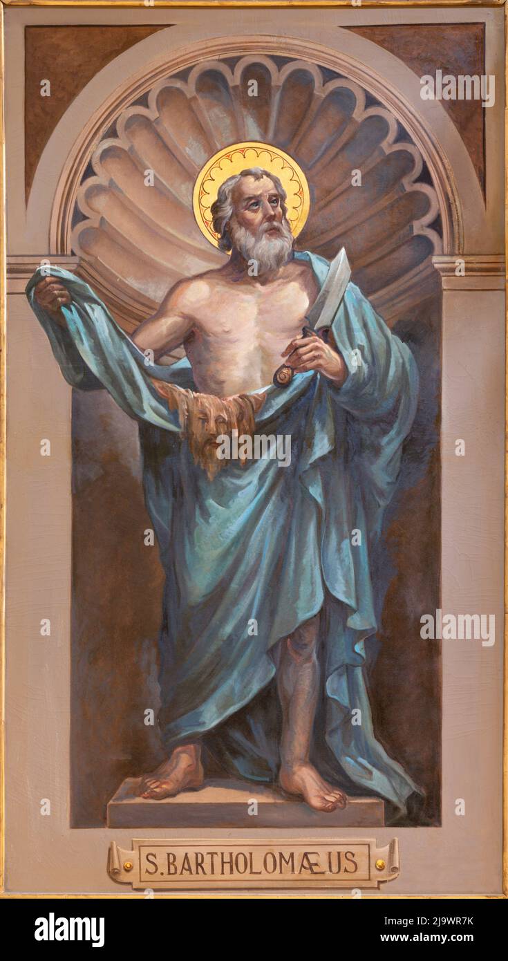 BARI, ITALY - MARCH 3, 2022: The fresco of St. Bartolomew the apostle ...