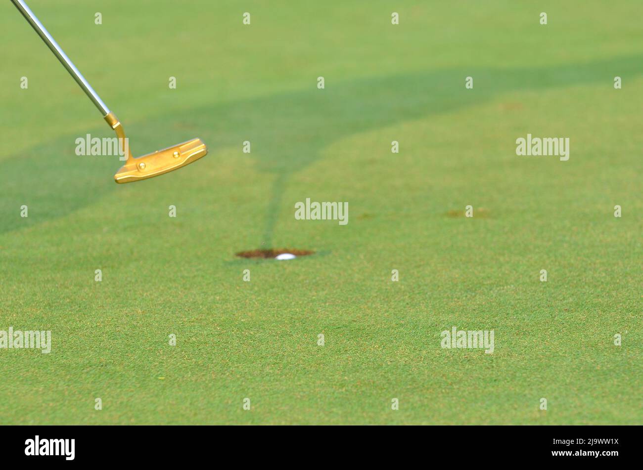 Shadow of golf player hitting a ball into a hole in putting green Stock ...