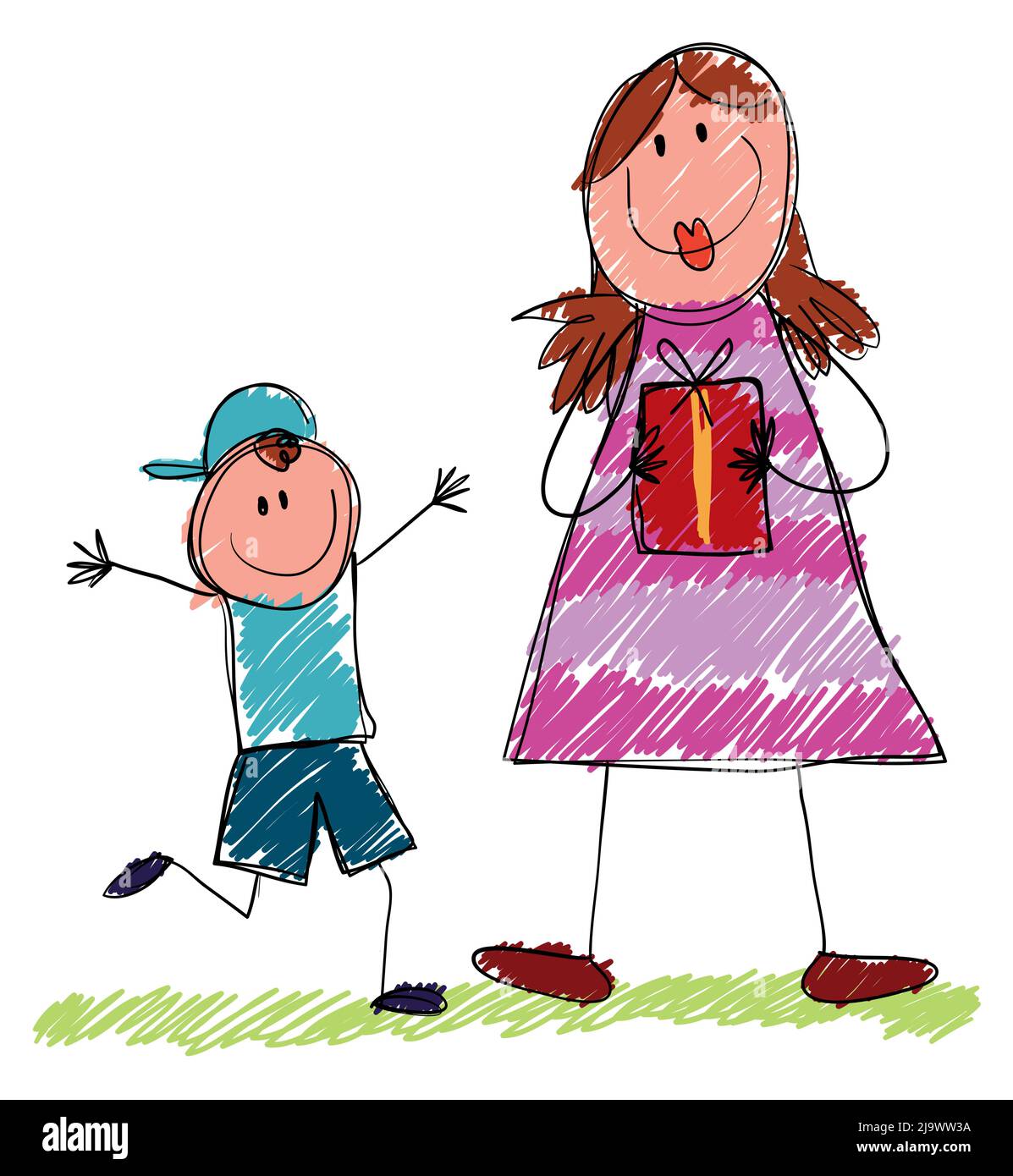 Cute doodle drawing with tender view of boy giving to his mom a gift ...