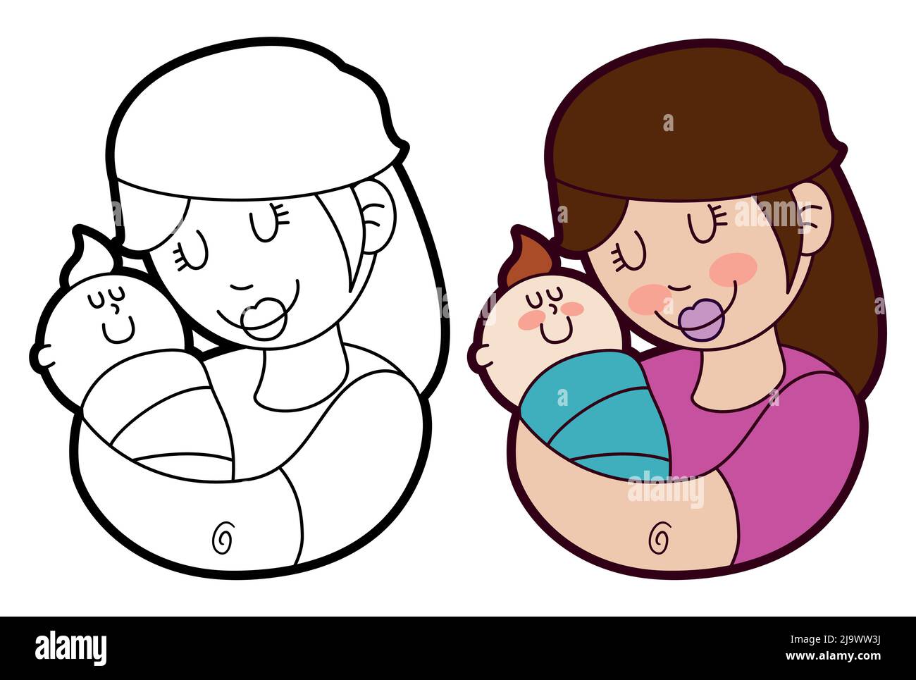 Set of stickers: one with outlines and other colored, with cute design ...