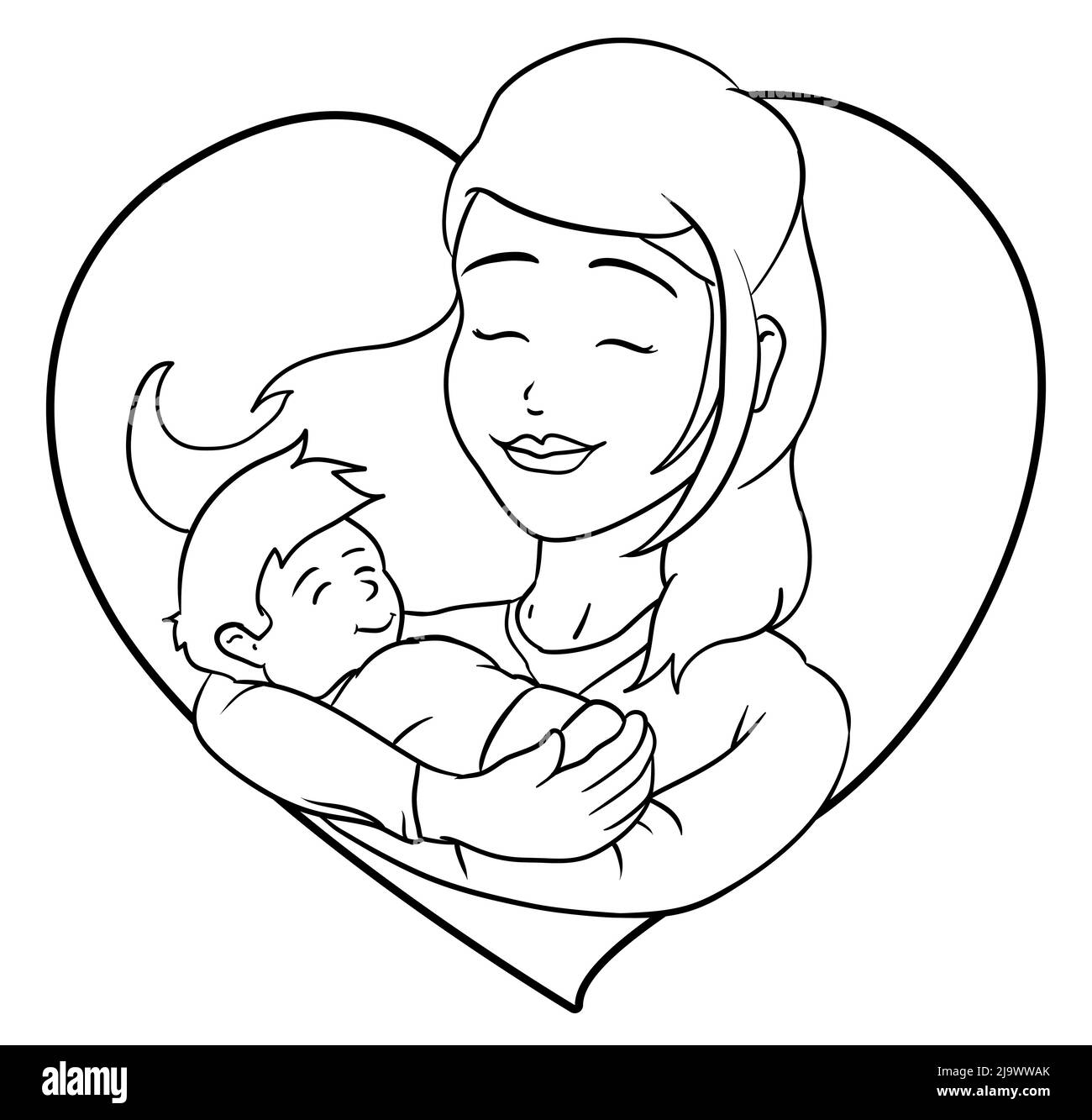 Happy mother with her baby in arms, inside a heart shaped frame ...