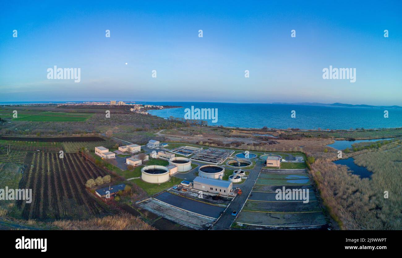 Bird's eye view panorama of modern working oil depot with storage of ...
