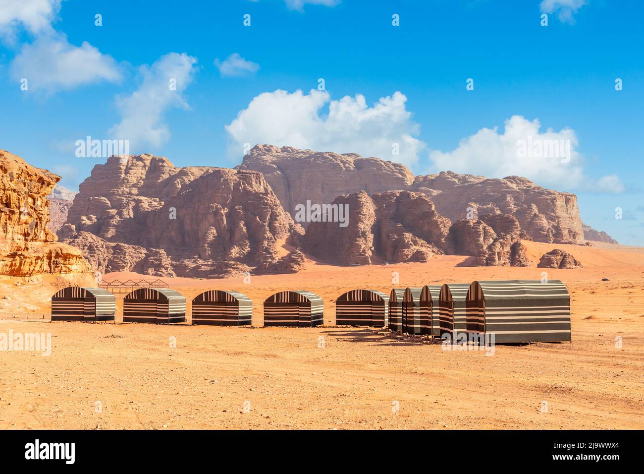 Bedouin camp among the red sands, mountains and marthian landscape ...