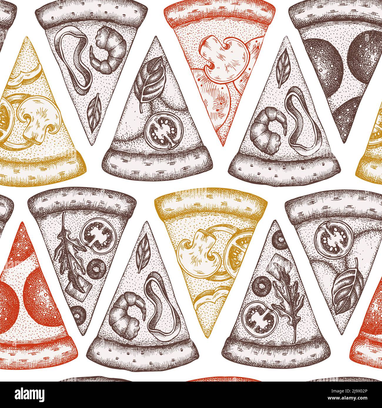 Pizza seamless pattern background design. Engraved style. Hand drawn ...