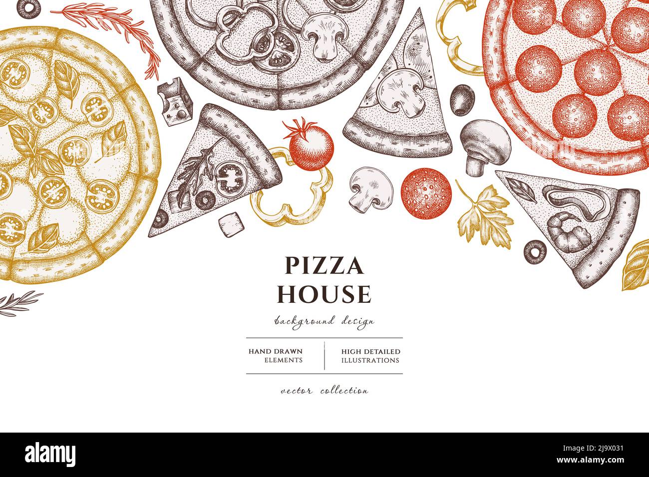 Pizza hand drawn illustration design. Background with vintage greek ...