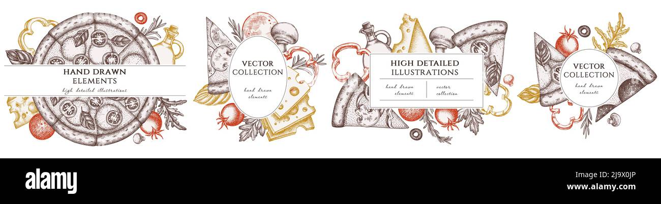 Pizza hand drawn frame templates. Vintage illustrations of greek ...