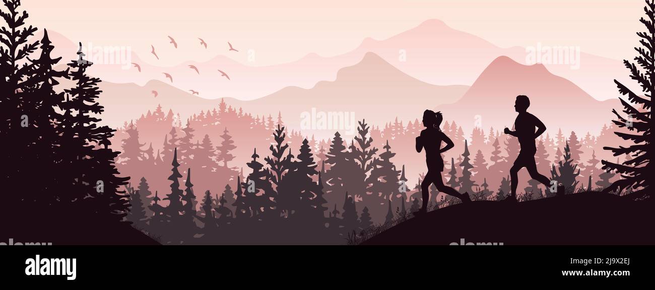 Silhouette of boy and girl jogging. Forest, meadow, mountains ...