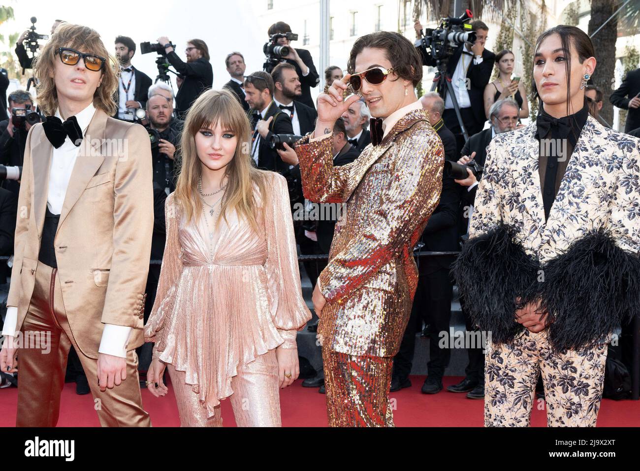 Thomas Raggi, Victoria De Angelis, , Damiano David and Ethan Torchio of Maneskin attend the ...