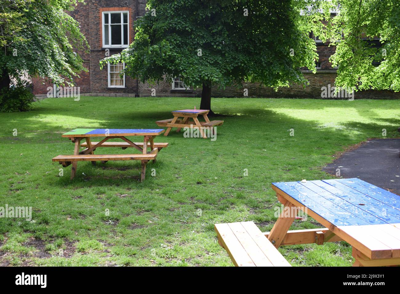 Picnic table at park lawn Stock Photo - Alamy